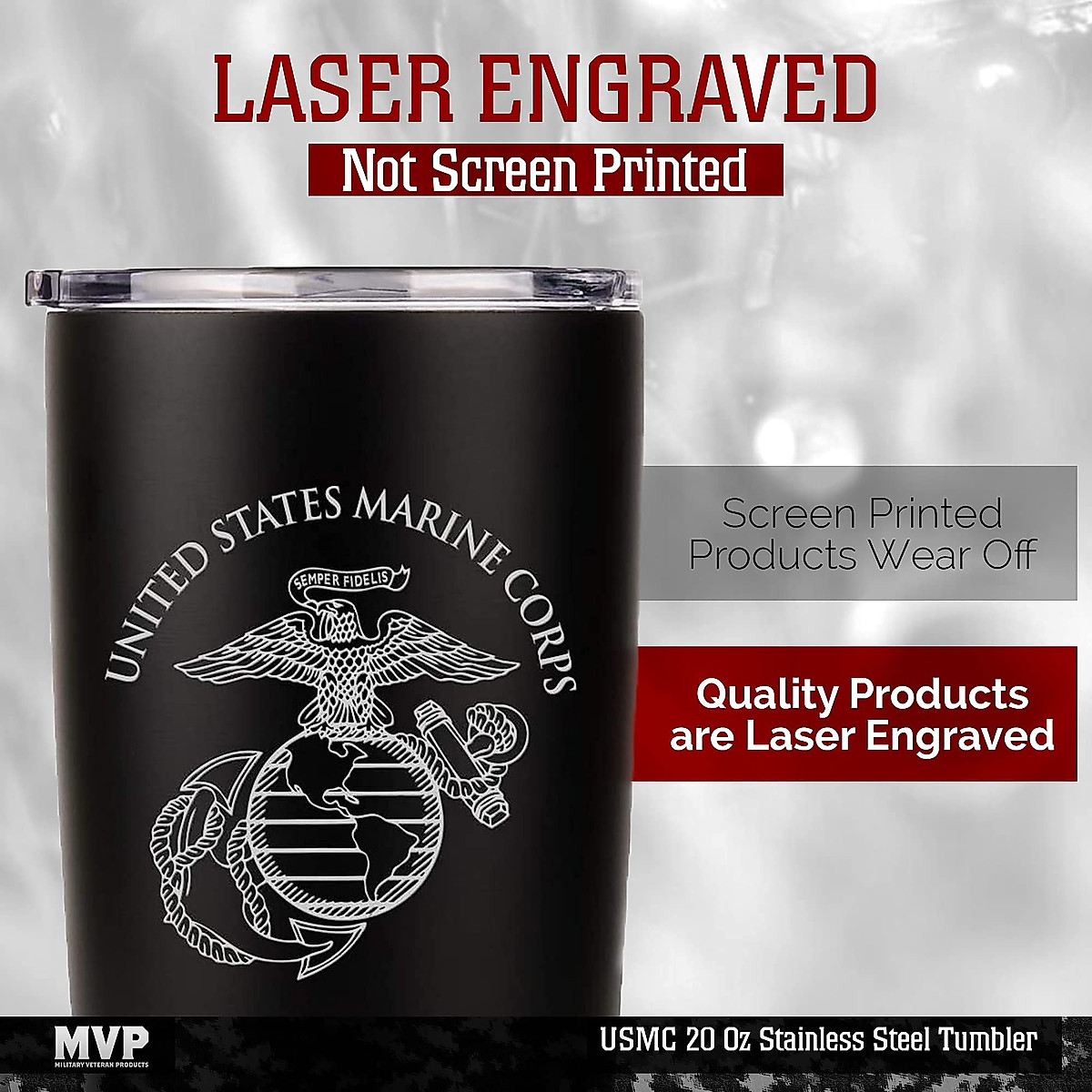 20oz Insulated USMC Tumbler-Double-Walled Stainless Steel Marine Corps travel Cup- Durable & Leakproof - Disabled USMC Veteran Owned SMALL Business