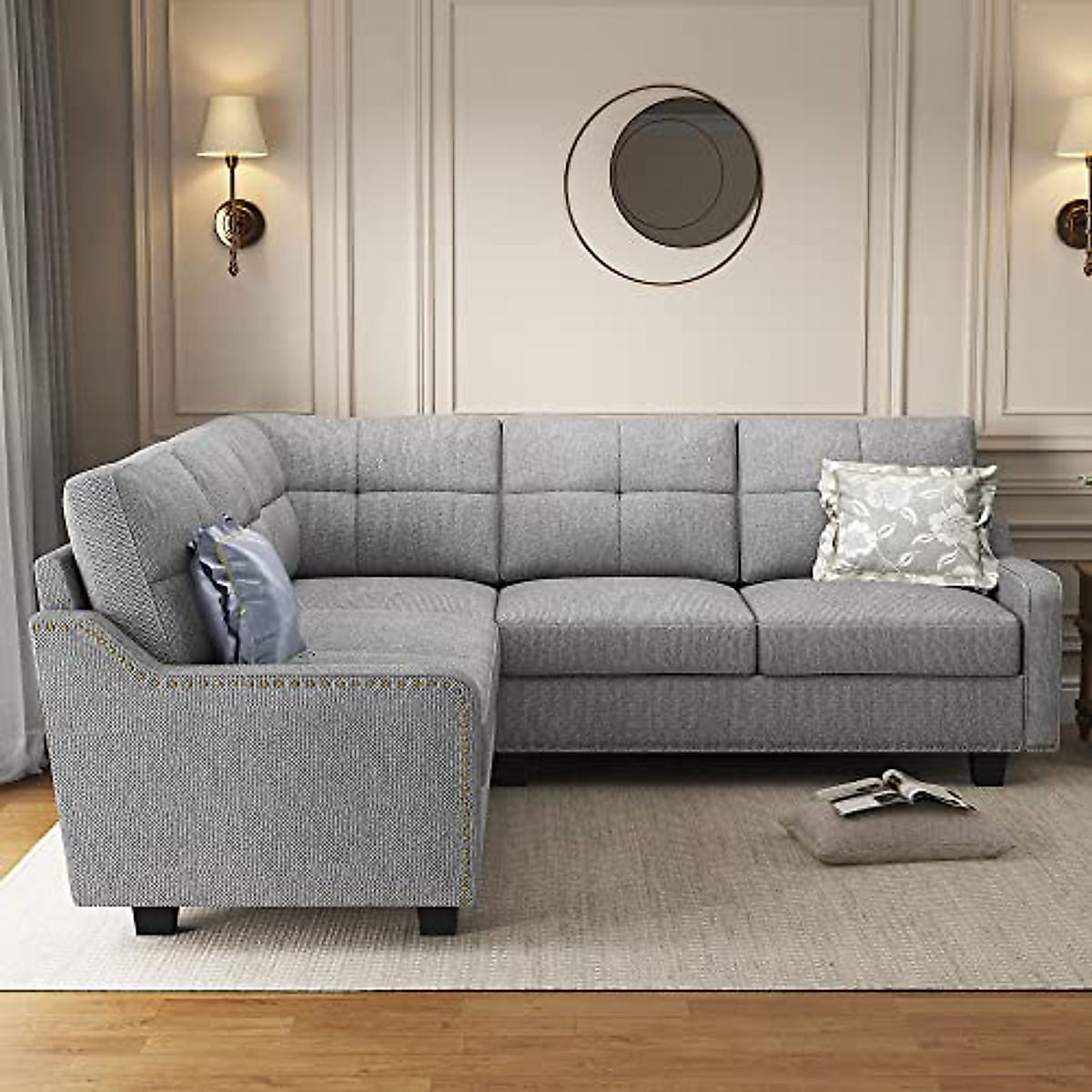 HONBAY Convertible Sectional Sofa, L Shaped Couch, Reversible 4 Seat Corner Sofa for Small Apartment,Light Grey, 82.7/''D x 82.7/''W x 36.2/''H