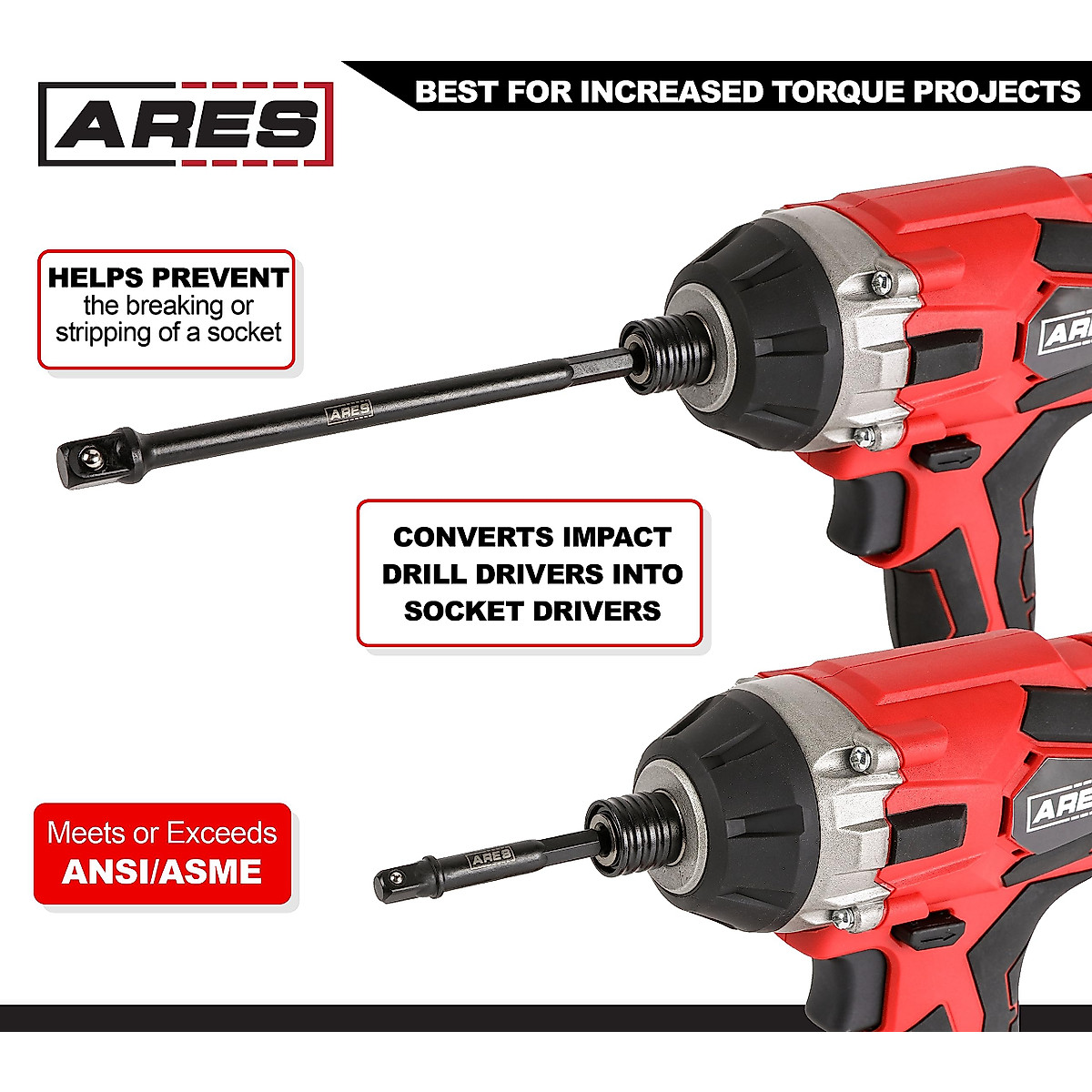 ARES 70382-6-Piece 3-Inch and 6-Inch Impact Grade Socket Adapter Set - Turns Impact Drill Driver into High Speed Socket Driver - 1/4-Inch, 3/8-Inch, and 1/2-Inch Drive Sizes