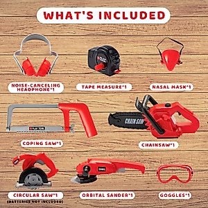 JOYIN 9Pcs Kids Tool Set, Pretend Play Toddler Tool Toys with Construction Worker Box & Electronic Drill Chainsaw Toy for Boy Girl Halloween Present Birthday Dress Up Party Favors