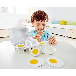 Hape Egg Carton | 3 Hard-Boiled Eggs with Easy-Peel Shell & 3 Fried, Wooden Realistic Educational Toy for Children 3+, White and Yellow (E3156)