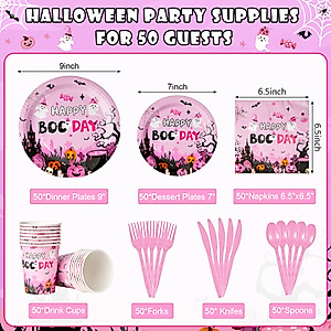 Halloween Happy Boo Day Bayby Shower Party Decorations,Pink Orange Ghost Pumpkin Disposable Paper Plates Napkins Cups Knives Spoons Fork for Girl Halloween Birthday Baby Shower Party Supplies,Serve 50