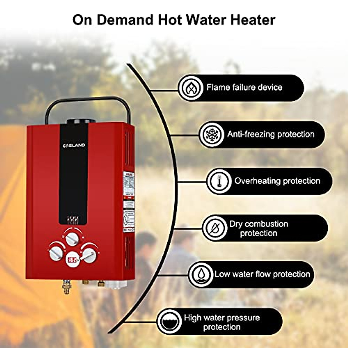 Tankless Water Heater, GASLAND Outdoors BE158R 1.58GPM 6L Portable Gas Water Heater, Instant Propane Water Heater, Overheating Protection, Easy to Install, for RV Cabin Barn Camping Boat, Red