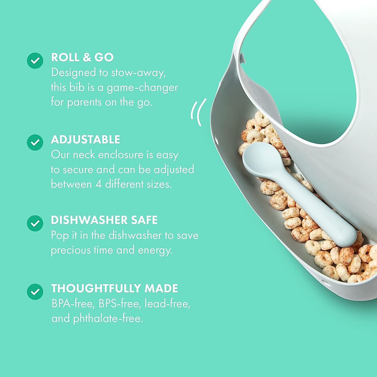 Avanchy Silicone Baby Bibs, Waterproof, Adjustable, BPA Free, Soft Unisex Set for Toddlers with Matching Spoon, Gray