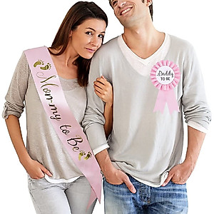 PATICARRY Mom to Be Sash and Daddy to Be Tinplate Badge Pin for Baby Shower Decorations,Welcome Baby Girl Gender Reveal Decorations, New Mom Gifts for Baby Celebration