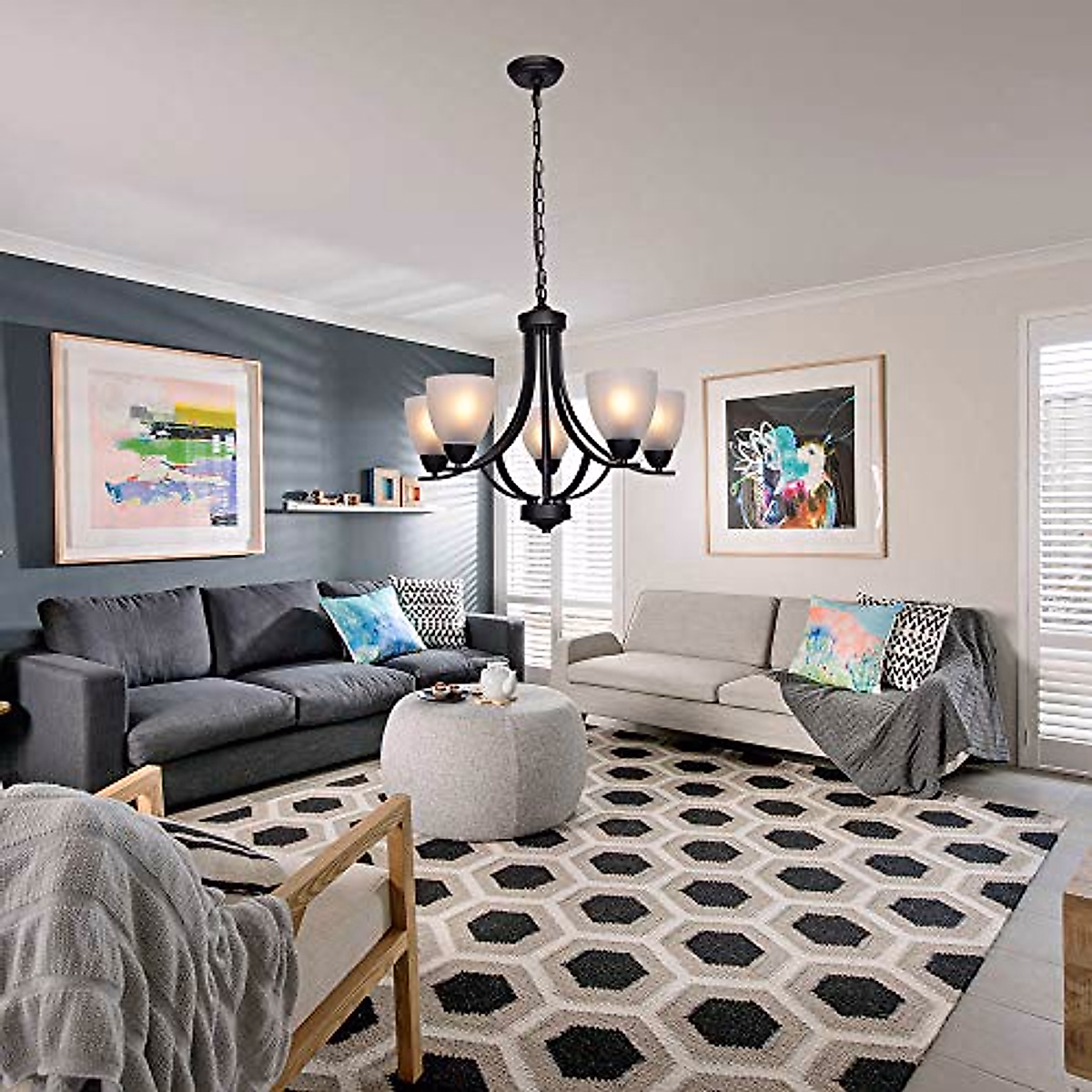 VINLUZ 5 Light Shaded Contemporary Chandeliers with Alabaster Glass Black Rustic Light Fixtures Ceiling Hanging Mid Century Modern Pendant Lighting for Dining Room Foyer Bedroom Living Room