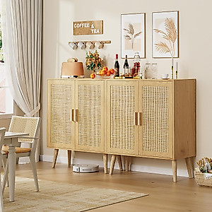 Iwell Storage Cabinet with Adjustable Shelf, Rattan Cabinet with 2 Doors, Rattan Storage Cabinet, Accent Cabinet for Living Room, Dining Room, Entryway, Natural