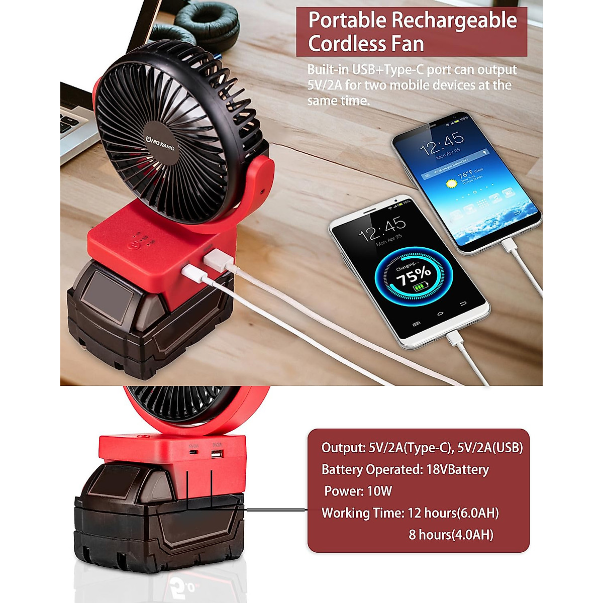 Uniqwamo Portable Rechargeable Fan Compatible For Milwaukee M18 18V 48-11-1850 48-11-1862 Lithium-Ion Battery, Jobsite Battery Operated Fan With 3 Speeds Control，USB +Type C(Battery not Included)