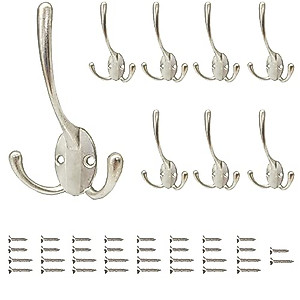 8 Pack Triple Coat Hook Heavy Duty Robe Hooks Wall Mounted for Hat Towel Clothes, Three Prongs Retro Coats Hangers Hardware Zinc Alloy Hook for Farmhouse Bathroom Backdoor Mudroom, Silver