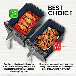 Reusable Air Fryer Liners 4 Pack for Dual Basket Fryers - Rectangle Silicone Airfryer Liners - 5.25 x 8” for Basket - Easy to Clean Air Fryer Accessories - Non-Stick Parchment Paper Replacement