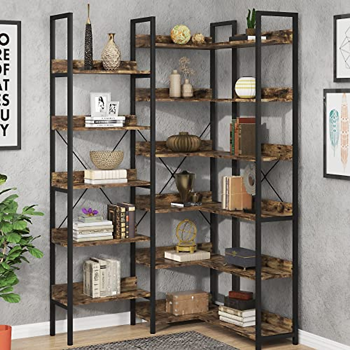 PAKASEPT 6-Shelf Corner Bookshelf, Triple Wide 6-Tier Bookcase, Large Modern Corner Shelf with Metal Frame, Open Bookshelves for Living Room Home Office, Rustic Brown