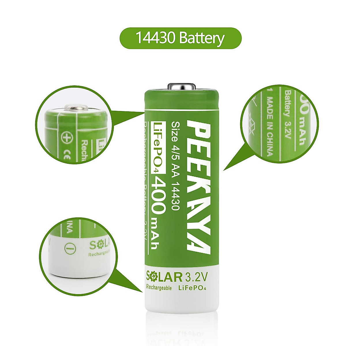 PEEKAYA (4-Pack) 14430 Rechargeable Battery LifePo4 3.2V 400mAh for Ourdoor Gardan Solar Light (1.7in), Eco-Friendly and Safe