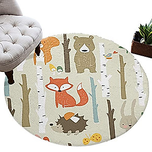 EwdeWwo Shag Area Rug, 3ft Indoor Round Area Rugs- Cartoon Bunny Bear Fox Animal Forest Shaggy Carpet Nursery Rug for Kids Baby Bedroom Living Room Home Decor