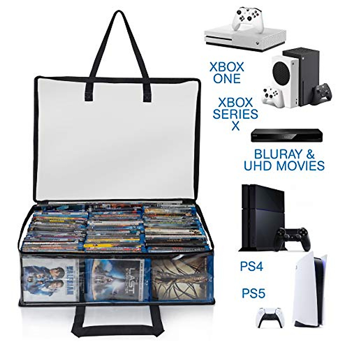 Besti Blu Ray Case Holder Organizer, Set of 2 Clear Plastic Bags with Handles for Storing Blurays, DVDs, CDs, Storage Bags for Video Game Cases, Holds Up to 90 Bluray and 60 DVD Cases