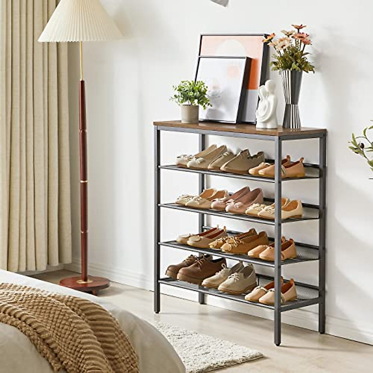IBUYKE Industrial Shoe Rack, 5-Tier Shoe Organizer with 4 Metal Mesh Shelves, Unit Flat & Slant Adjustable Shoe Storage for 16 Pairs, for Entryway, Hallway, Bedroom, Closet, Rustic Brown, UTMJ083H
