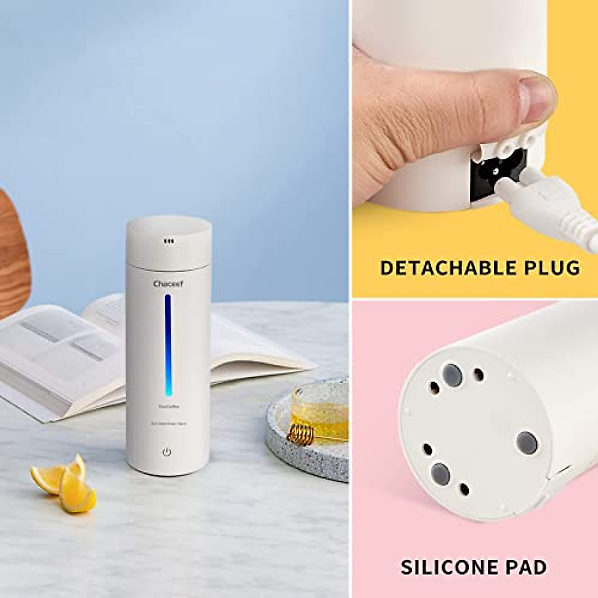 CHACEEF Travel Electric Kettle, 350ml Small Portable Kettle with Non-stick Coating, BPA Free, 3 Colors LED Water Boiler with Keep Warm Function, Fast Boil and Auto Shut Off Water Kettle, White