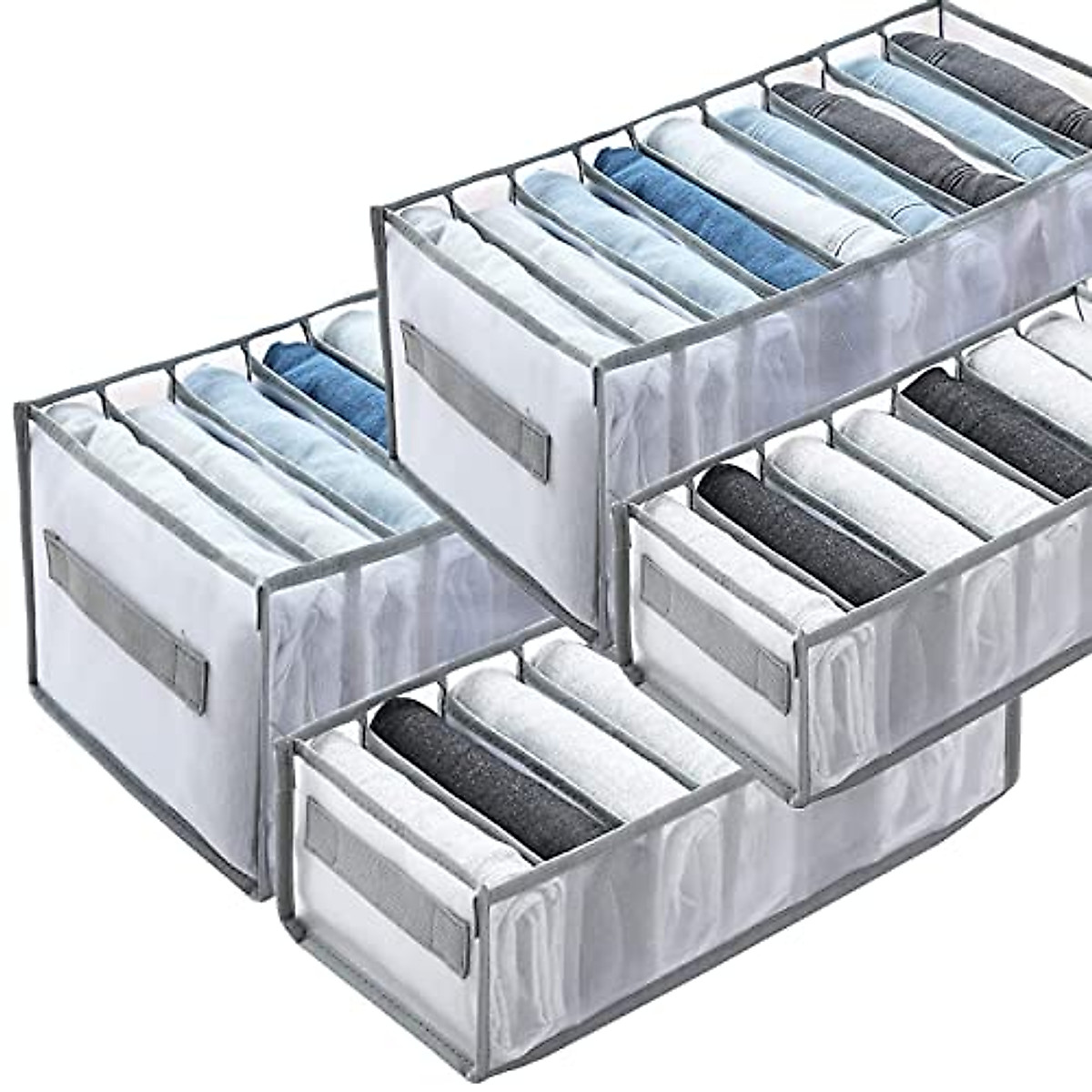 4Pcs Wardrobe Clothes Organizer, 9 Grids Washable Jeans Compartment Storage Box, Upgraded Mesh Separation Box with Handle, Foldable Drawer Organizers Clothes for Jeans, Shirt, Skirt, Legging, Grey