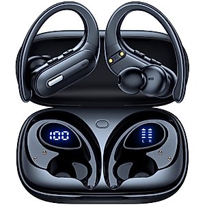 Wireless Earbuds Bluetooth 5.3 Headphones 90 Hrs Playtime Earbuds with Wireless Charging Case Power Display Over-Ear Earphones with Earhooks Waterproof Stereo Headset for Android Phone Workout Black