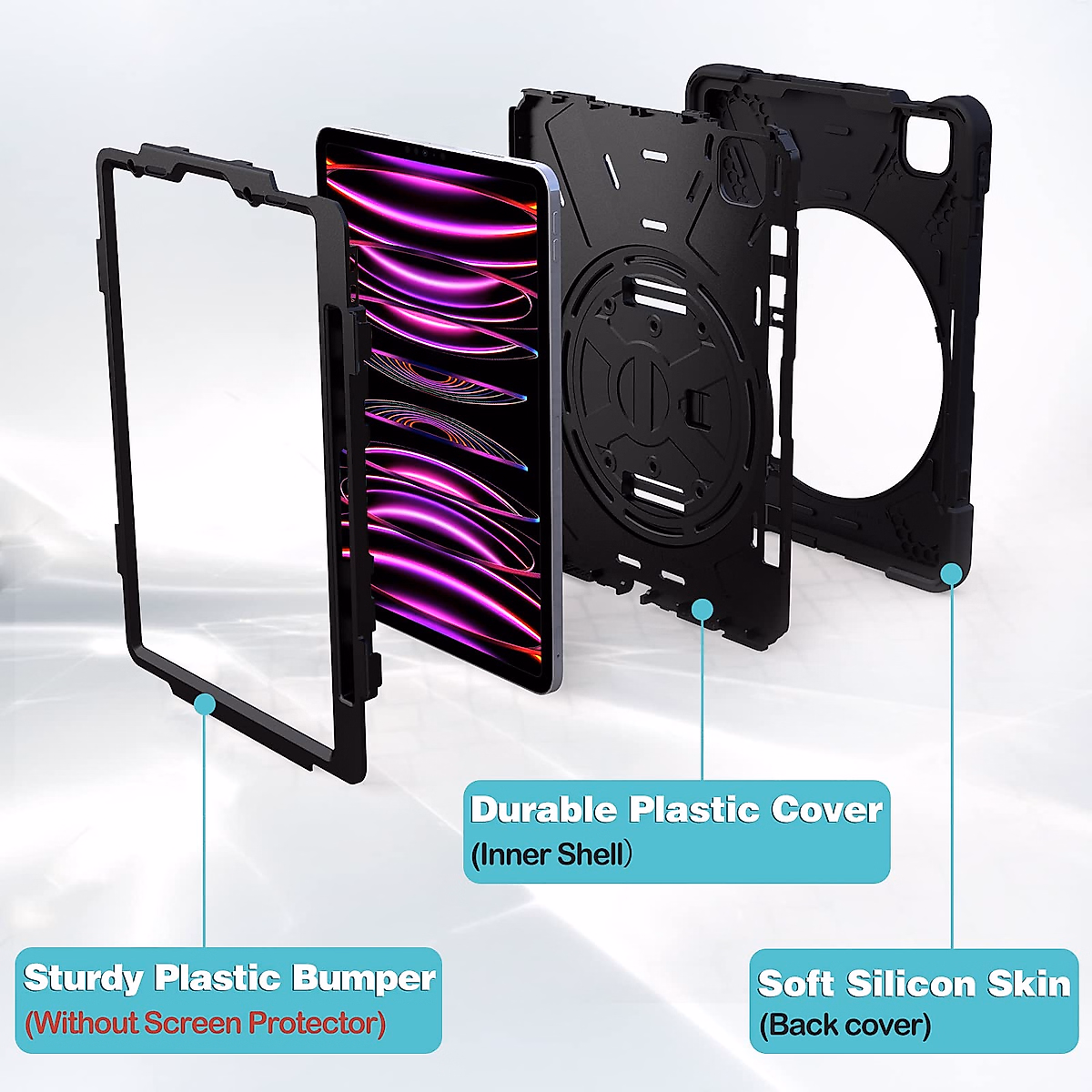 ProCase for iPad Pro 12.9 Inch Case 2022 2021 2020 2018, Rugged Heavy Duty Shockproof Cover with Hand Strap Shoulder Strap for iPad Pro 12.9" 6th 5th 4th 3rd Generation –Black