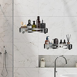 Noele Shower Caddy Organizer Shelves 2 Packs, No Drilling Adhesive Storage Basket with Removable Hooks, SUS304 Stainless Steel Rustproof Shower Rack for Bathroom Kitchen, Silver