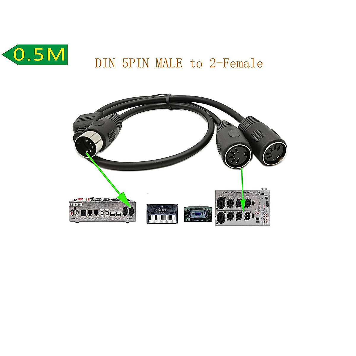 SinLoon DIN 5-Pin Splitter Y Adapter MIDI Cable, MIDI 5 Pin Male to Dual 2 x DIN-5 Female Extension Audio Cable (D5P M-2F,0.5meter)