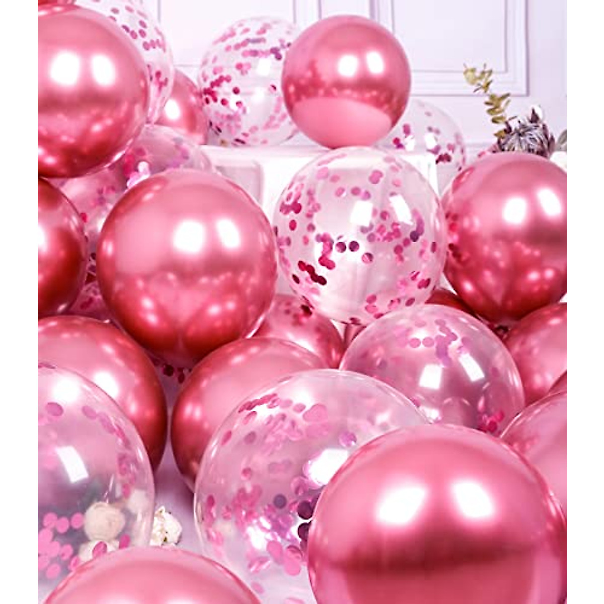 SUWEN Metallic Hot Pink Balloons and Confetti Balloons Set 47PCS Latex Helium Chrome Magenta Balloon for Birthday Graduation Anniversary Party Decorations