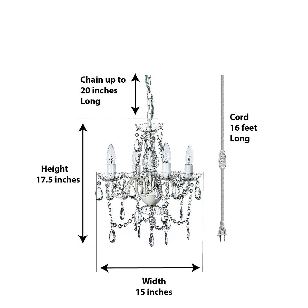 gypsy color The Original Brink House Plug-in 4 Light Crystal White Hanging Chandelier H17.5”xW15”, White Metal Frame with Clear Glass Stem and Acrylic Crystals