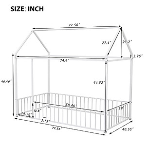 HZANHY Twin House Bed for Kids, Montessori Floor Bed with Rails, Metal Floor Bed Frame for Boys Girls Toddlers, Playhouse Bed with Roof, Twin Kids Bed Floor Bed with Post Foot Pads for Teen