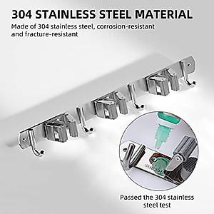 dsfen 2 Pcs Broom Holder Wall Mount Stainless Steel Mop Holder Broom Hanger Heavy Duty Broom Holder for Laundry Room Garden Garage Bathroom (3 Racks 4 Hooks)