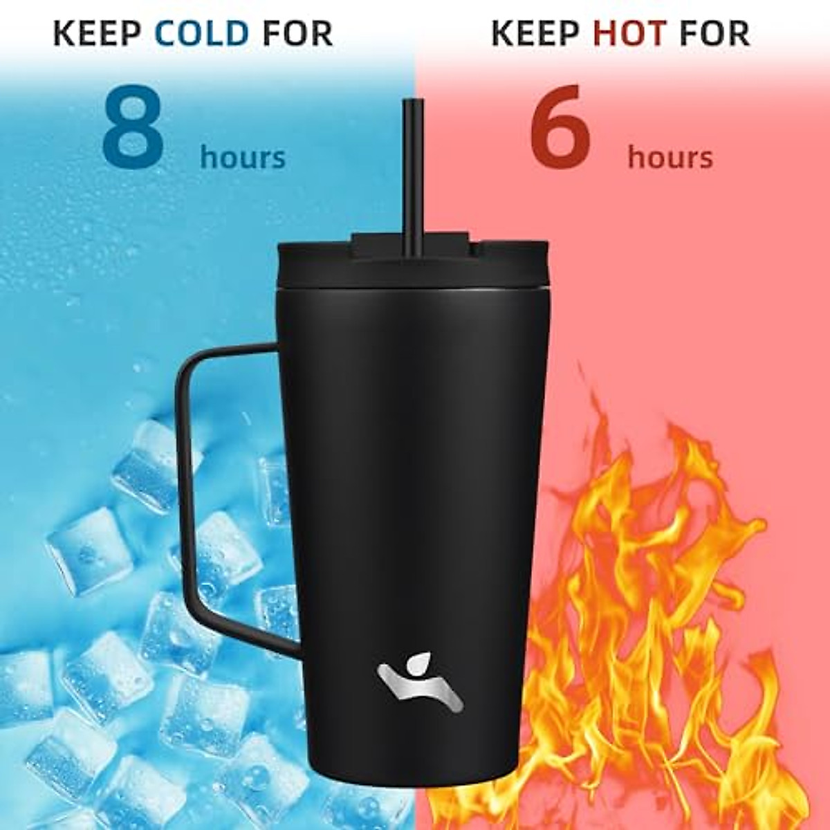 Insulated Tumbler with Handle and Straw, 18 OZ Travel Coffee Mug Stainless Steel Cup Metal Water Bottle,Black