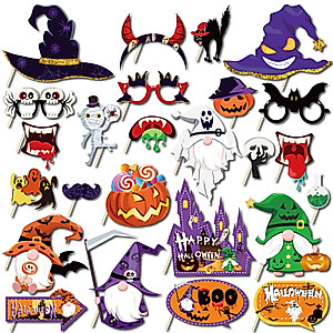 25 Halloween Photo Booth Props With Sticks, Halloween Theme Background Decoration.