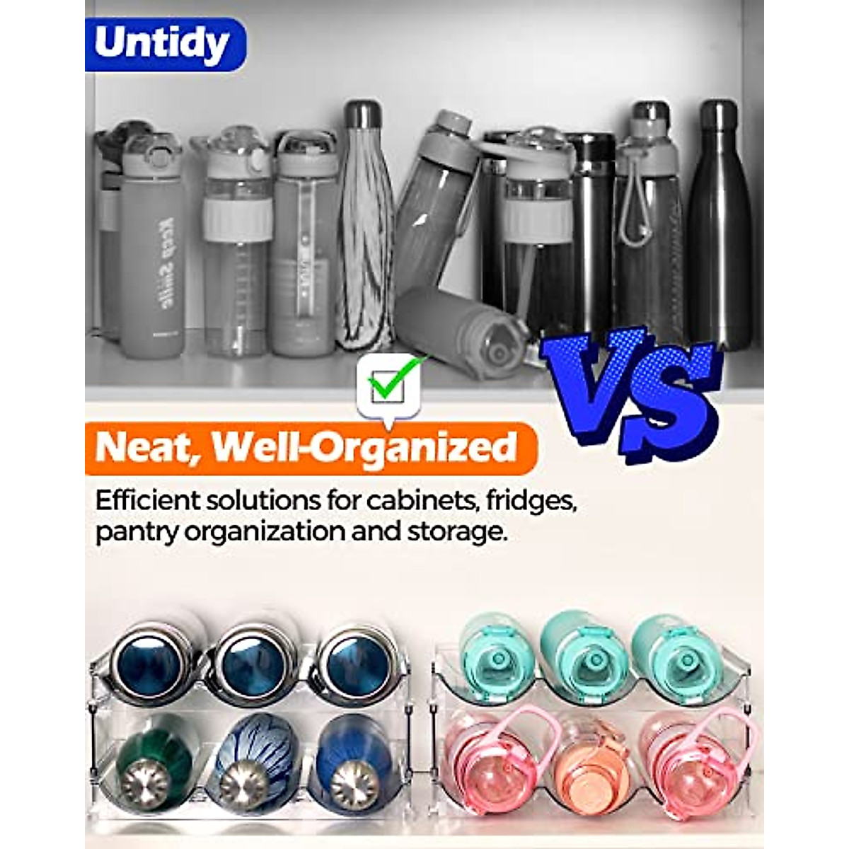 Water Bottle Organizer for Cabinet, Stackable Water Bottle Holder for Kitchen Pantry Organization and Storage, Plastic Wine Rack, Drink Organizer for Fridge, Freezer -4 Packs, Hold 12 Bottles, Clear