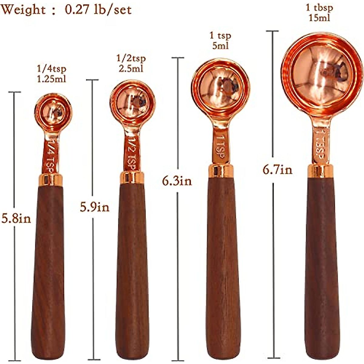 Stainless Steel Measuring Spoons, Long Wooden Handle Coffee Scoop, Kitchen Utensil for Fitting in Spice Jars, Scooping, Measuring & Serving, Tablespoon, Rose Gold Tea Spoon, Set of 4