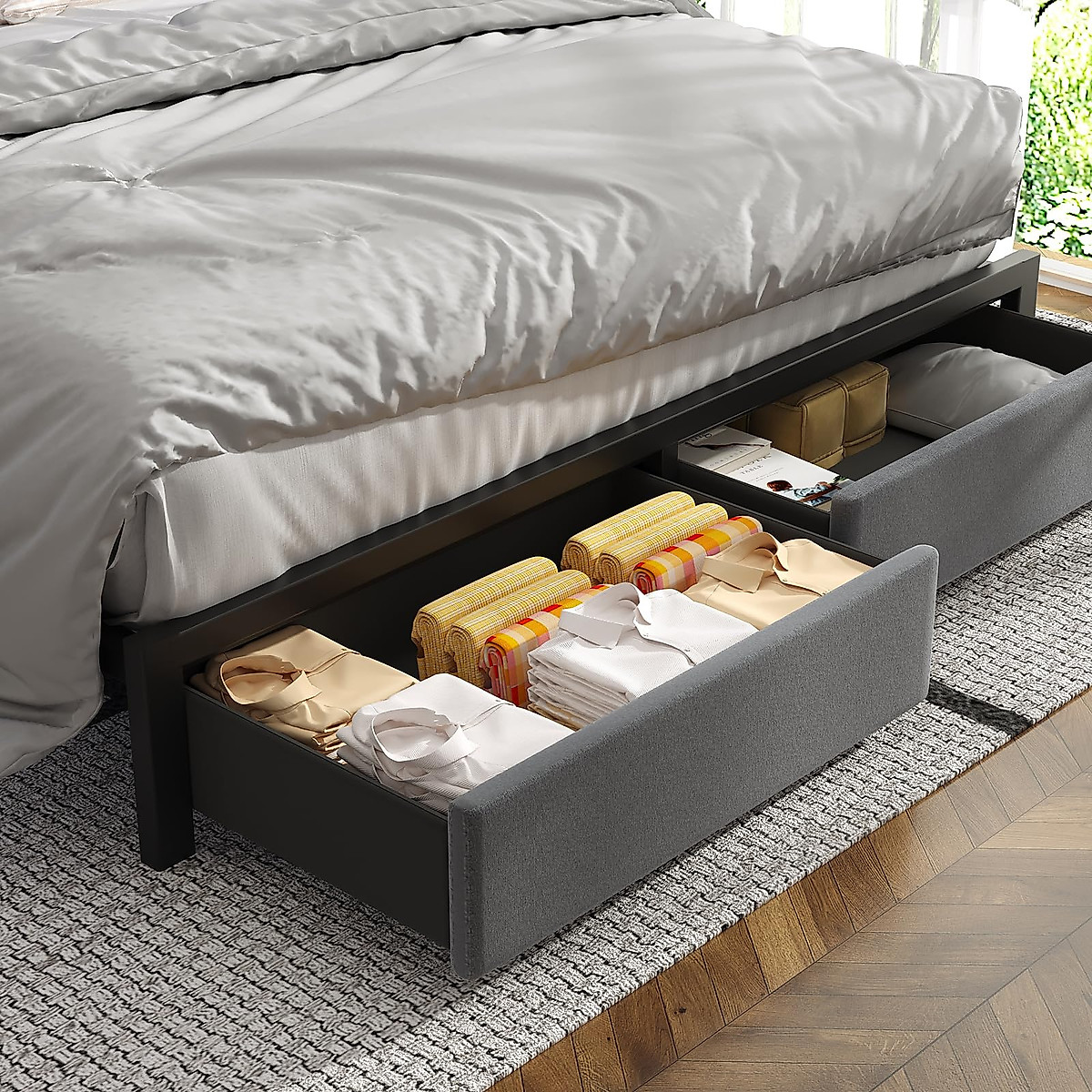 IETEBHHAS LED Queen Size Bed Frame with Headboard Storage Drawers, Smart Queen Bed Frames with Charging Station USB, Upholstered Platform Bed Frames Queen Size, Grey