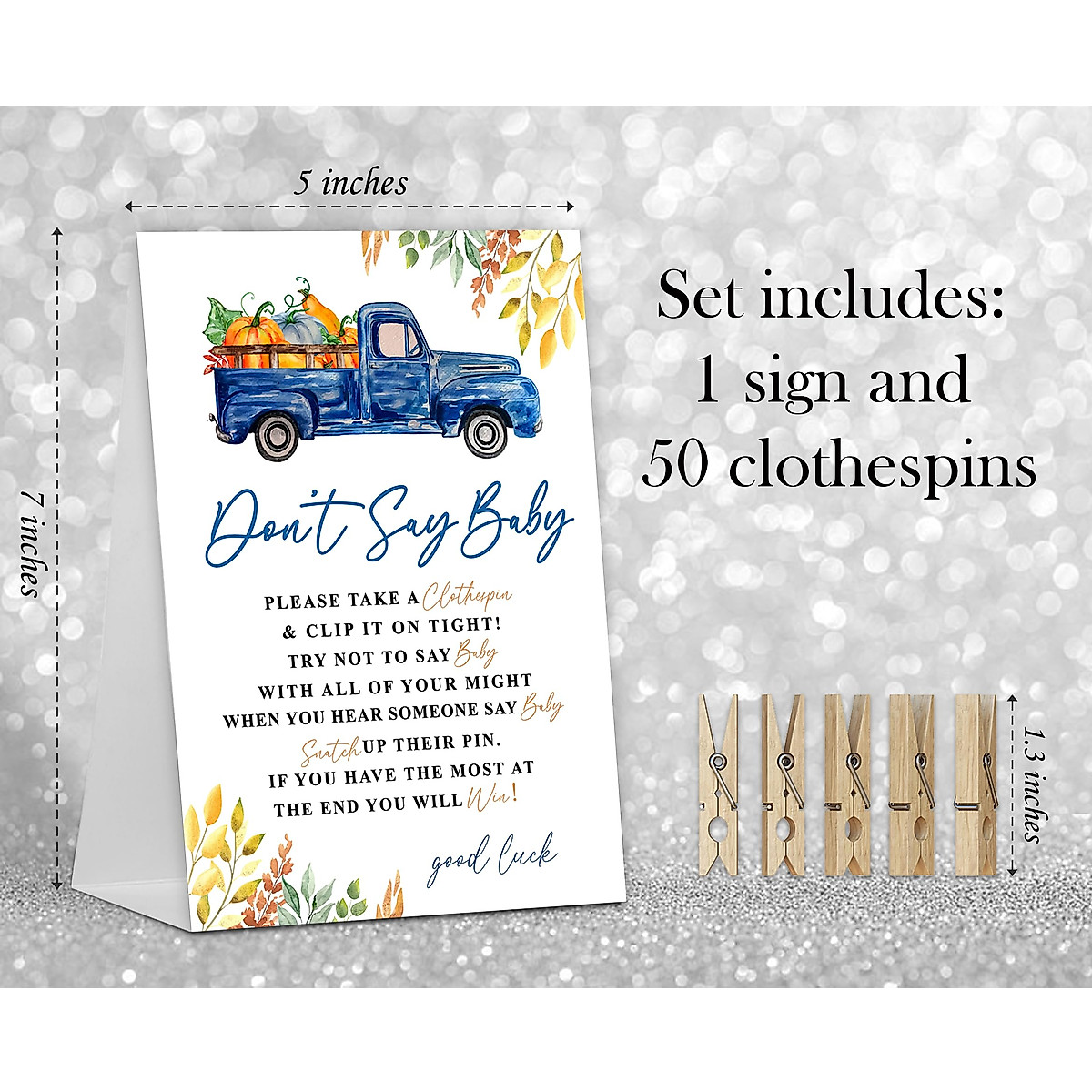 Don't Say Baby Game, Fall Autumn Thanksgiving Pumpkins Baby Shower Game Include Baby Shower Sign and 50 Pcs Mini Clothespins, Gender Neutral Baby Shower Decoration, Party Favors Supplies-LF14