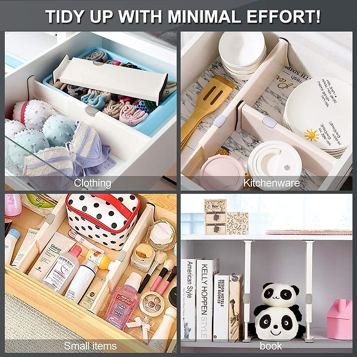 Drawer Dividers Organizer 5 Pack, Adjustable Separators 4" High Expandable from 11-17" for Bedroom, Bathroom, Closet,Clothing, Office, Kitchen Storage, Strong Secure Hold, Foam Ends, Locks in Place