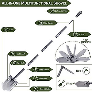 iunio Survival Folding Shovel with Handle Lock Design, Portable Entrenching Tool, Foldable Camping Multitool, Tactical Collapsible Spade for Hiking, Backpacking, Offroading, Car Emergency (Gray)