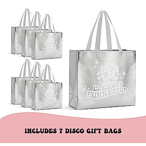 Pop Fizz Designs Last Disco Bachelorette Gift Bags (Set of 7) 70s Bachelorette Party Favors Bags I Let’s Get Funked Up Non-Woven Disco Tote Gift Bags I Iridescent Bridesmaid Bags