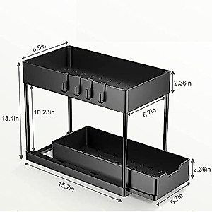 Under Kitchen Sink Organizers,2 layer black multi-purpose sink below tissue and bathroom kitchen storage,includes 4 hooks for 1 hanging cup, bottom with handle for slide out basket
