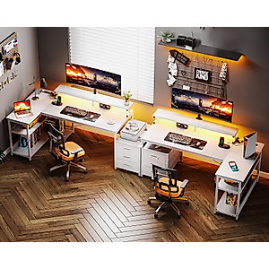 AODK L Shaped Gaming Desk with Drawers, Reversible Corner Computer Desk with LED Lights & Power Outlets, Large Home Office Desk withMonitor Stand & Storage Shelf, 58Inch - 71Inch, White