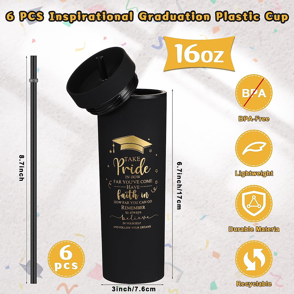 Blushtier 6 Pcs Class of 2025 Graduation Gifts Bulk College Graduate Gift 16oz Matte Inspirational Black Skinny Tumbler with Lid and Straw Plastic Drinking Cup for Teen High School Grad Party Favors