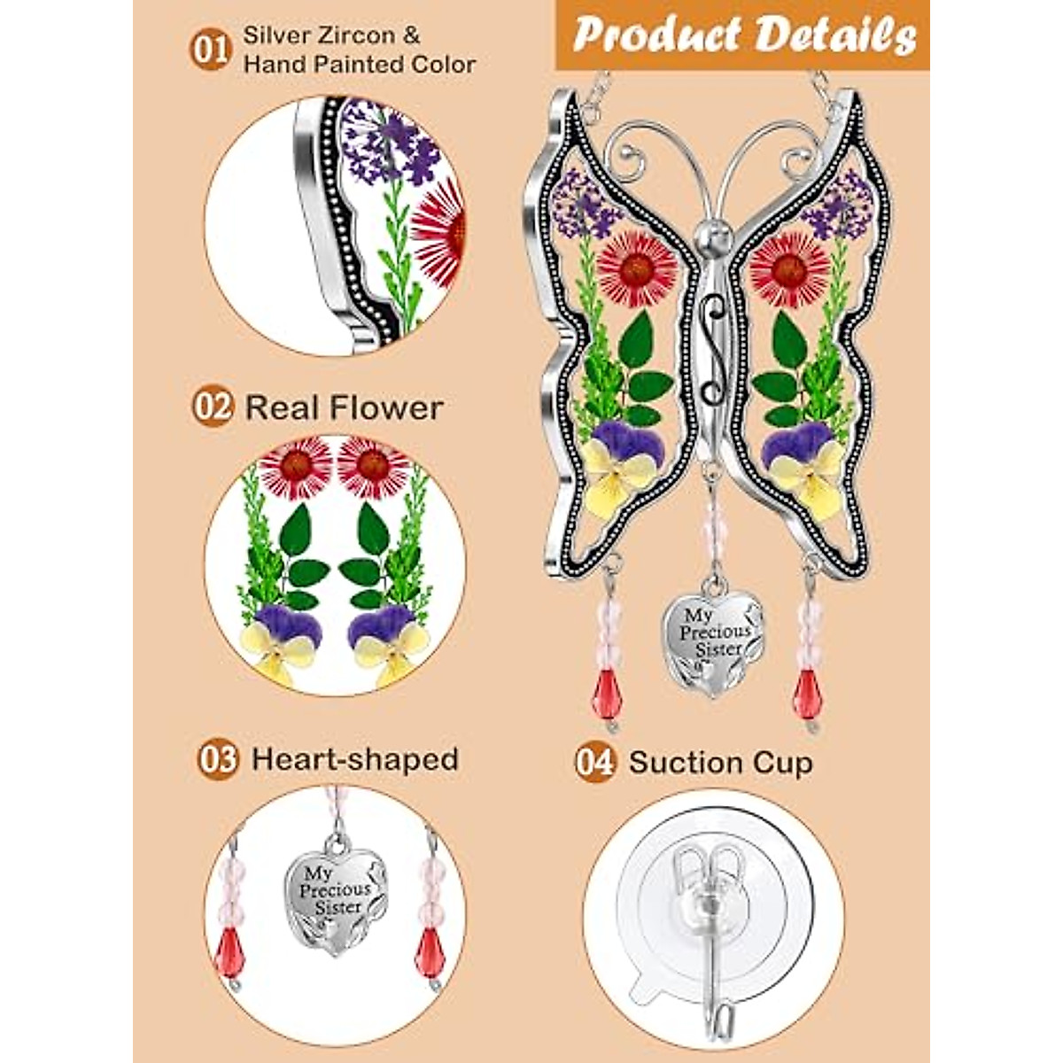 KY&BOSAM Butterfly Suncatcher Stained Glass Hangings for Windows My Precious Sister Sun Catcher Pressed Real Flower Wing in Glass Dream Catchers Birthday Mother`s Day Wind Chimes Charm