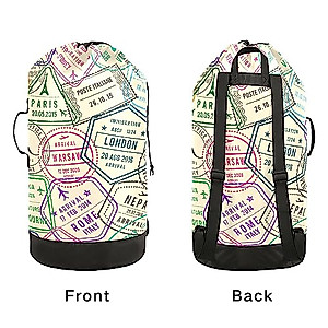Travel Stamps Visa Nylon Travel Laundry Bag for Luggage Dirty Heavy Duty Dirty Clothes Organizer with Drawstring Closure & Shoulder Straps Laundry Hamper Liner for Apartment College Dorm Factories