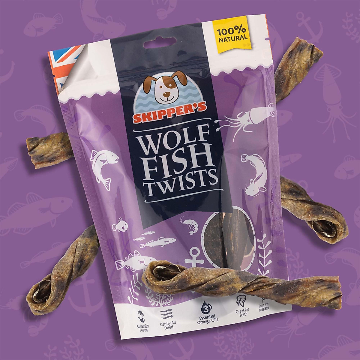 SKIPPER'S Wolf Fish Skin Twists Dog Chews - 100% Fish Skin Grain Free Treats for Dogs, High in Protein & Low in Fat, Essential Omega 3 Oils | Great for Teeth (Short, 2.5 Oz)