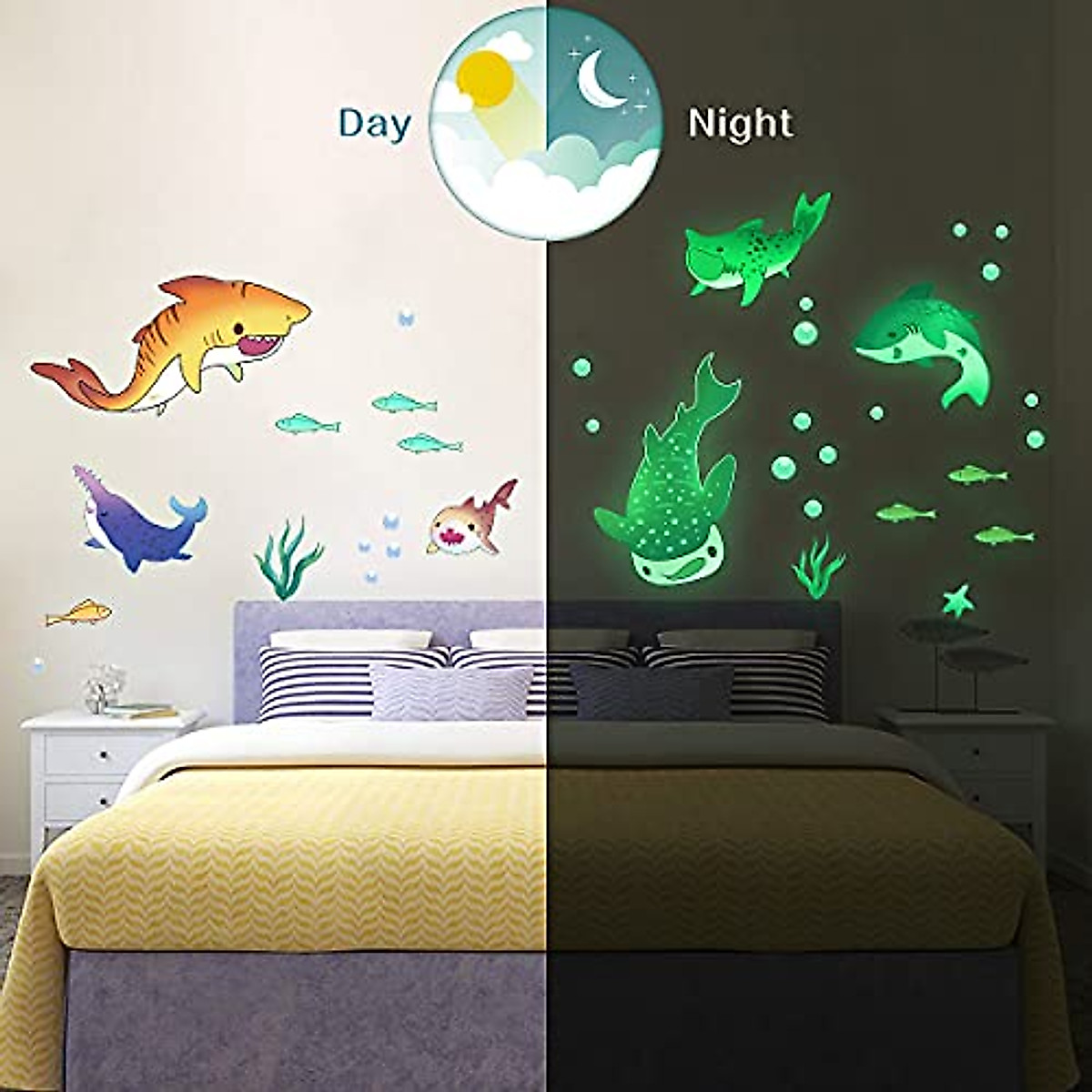 MESU Cartoon Shark Glow in The Dark Stickers Luminous Wall Decals Underwater World Home Ceiling Decor for Boys Room Nursery Kids Gift Shark