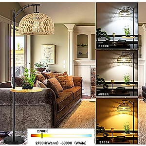 QIYIZM Floor Lamp for Living Room Bedroom with Table Shelves,Rattan Boho Arc Floor Lamps with Remote Dimmable Farmhouse Wood Shelf Attached Standing Lamp Wicker Bamboo Tall Lamp Floor Light Bohemian