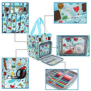 SumDirect Yarn Bag, Knitting Organizer Tote Bag Portable Storage Bag for Yarns, Carrying Projects, Knitting Needles, Crochet Hooks, Manuals and Other Accessories (Cute Blue)