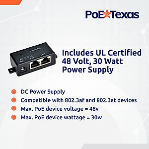 Poe Texas PoE+ Injector - Single Port Power Over Ethernet Passive PoE Adapter - 10/100/1000 Gigabit Data - Includes 48V 30W Power Supply - Wall Mounting Plug & Play for Home Office, VoIP Phone WiFi AP