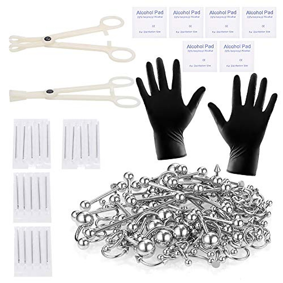 Xpircn 140PCS Piercing Kit Stainless Steel 14G 16G Nose Lip Tongue Tragus Daith Eyebrow Industrial Barbell Belly Button Rings Body Piercing Tools (Silver)