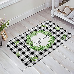 Easter Indoor Doormat Low Pile Welcome Mat - 18 x 30 Inches Spring Green Leaf Wreath Black White Buffalo Plaid - Sponge Rounded Corners Shoes Scraper Rugs for Entrance Bathroom